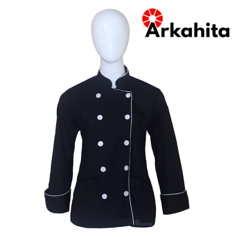 Baju Chef, Lengan Panjang, Putih, Lis Hitam, CL105 – Baju Chef, Baju ...