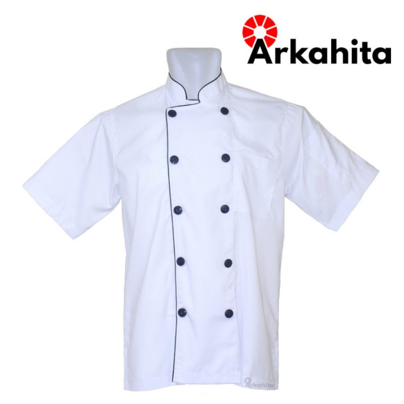 Baju Chef, Lengan Pendek, Putih, Lis Hitam, CS102 – Baju Chef, Baju ...