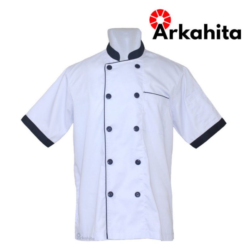 Baju Chef, Lengan Pendek, Putih, Lis Hitam, CS103 – Baju Chef, Baju ...